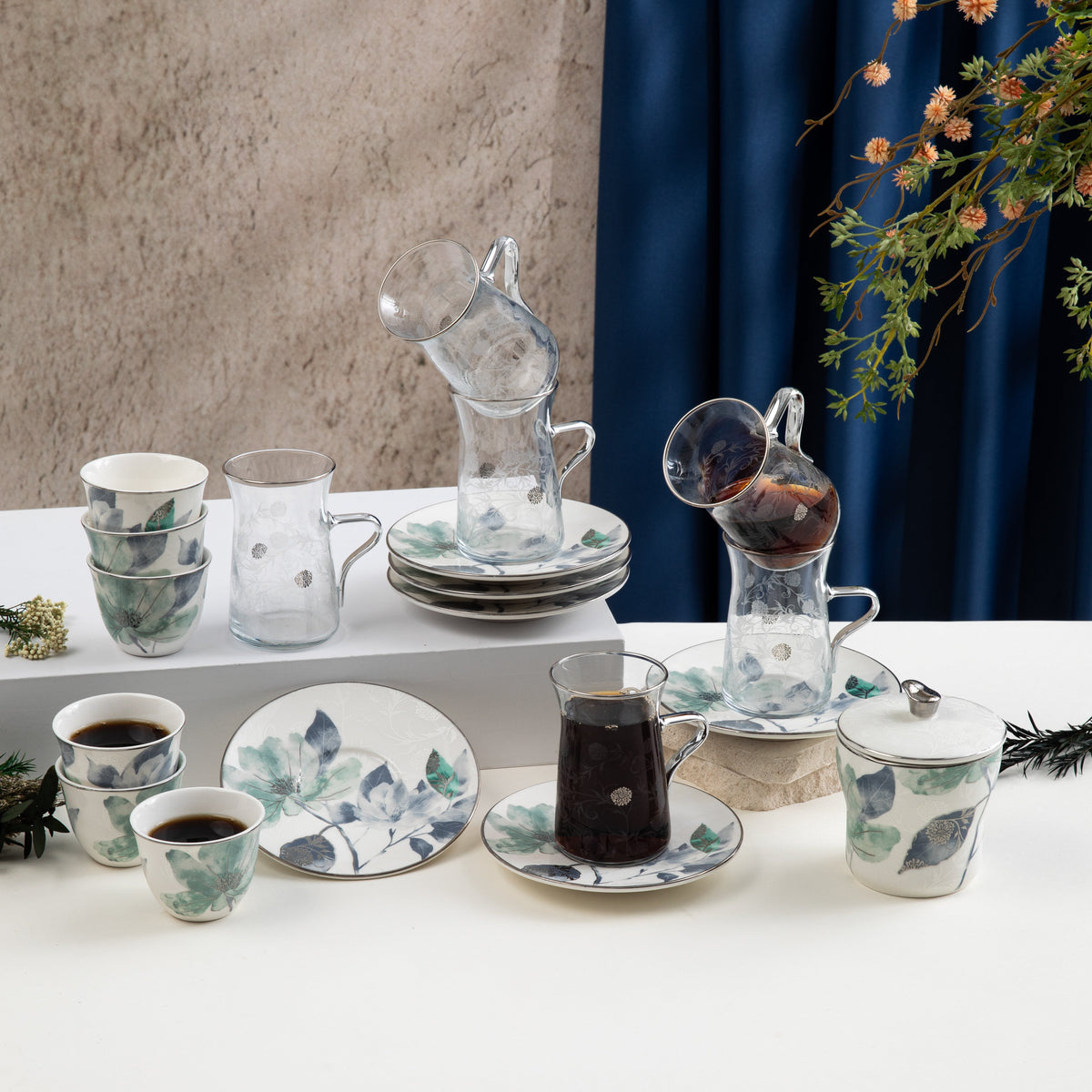 Marisella - Tea Set (19-Pc) - Blue & Silver – Otantik Home