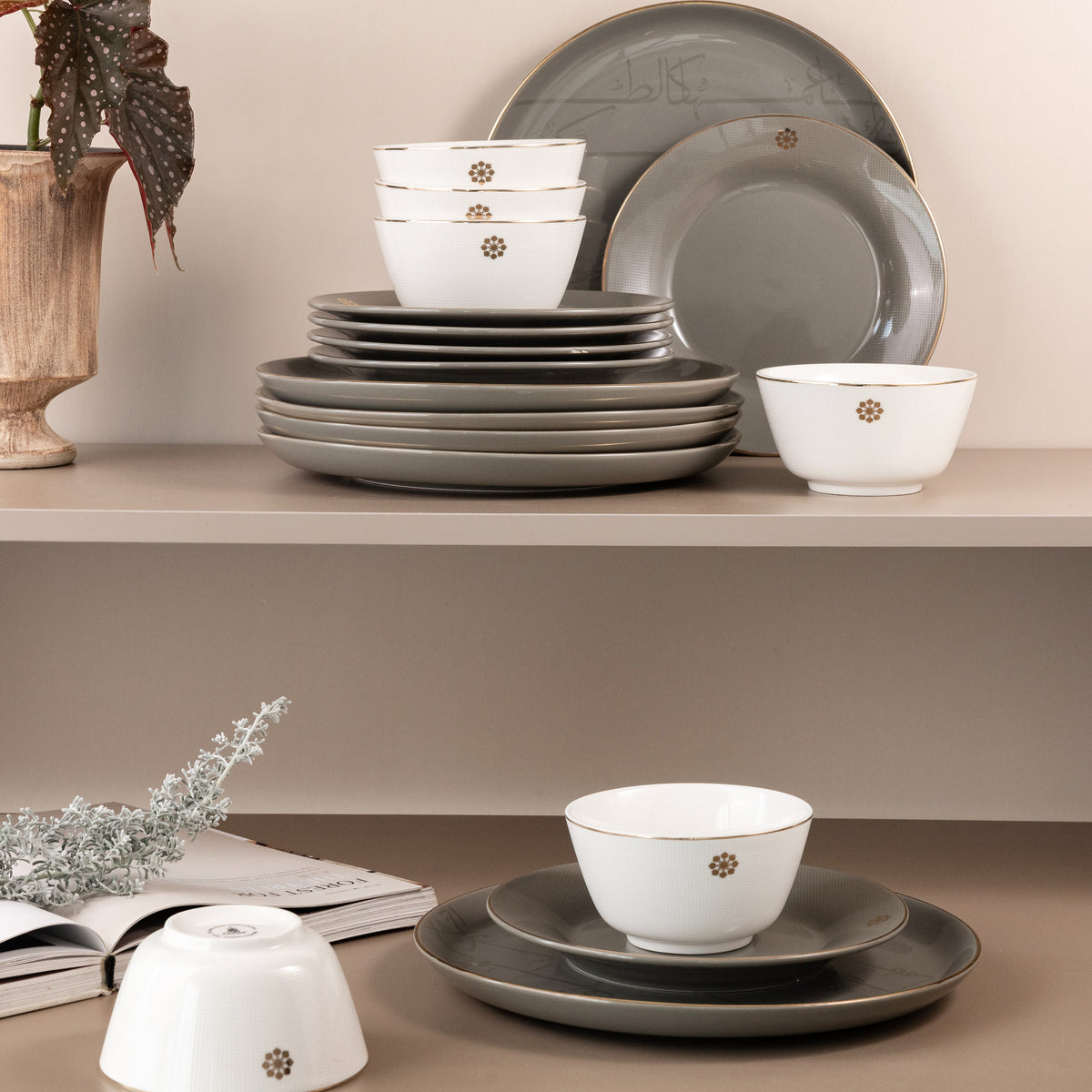 Mirral - Dinner Set (18-Pc) - Grey & Gold – Otantik Home