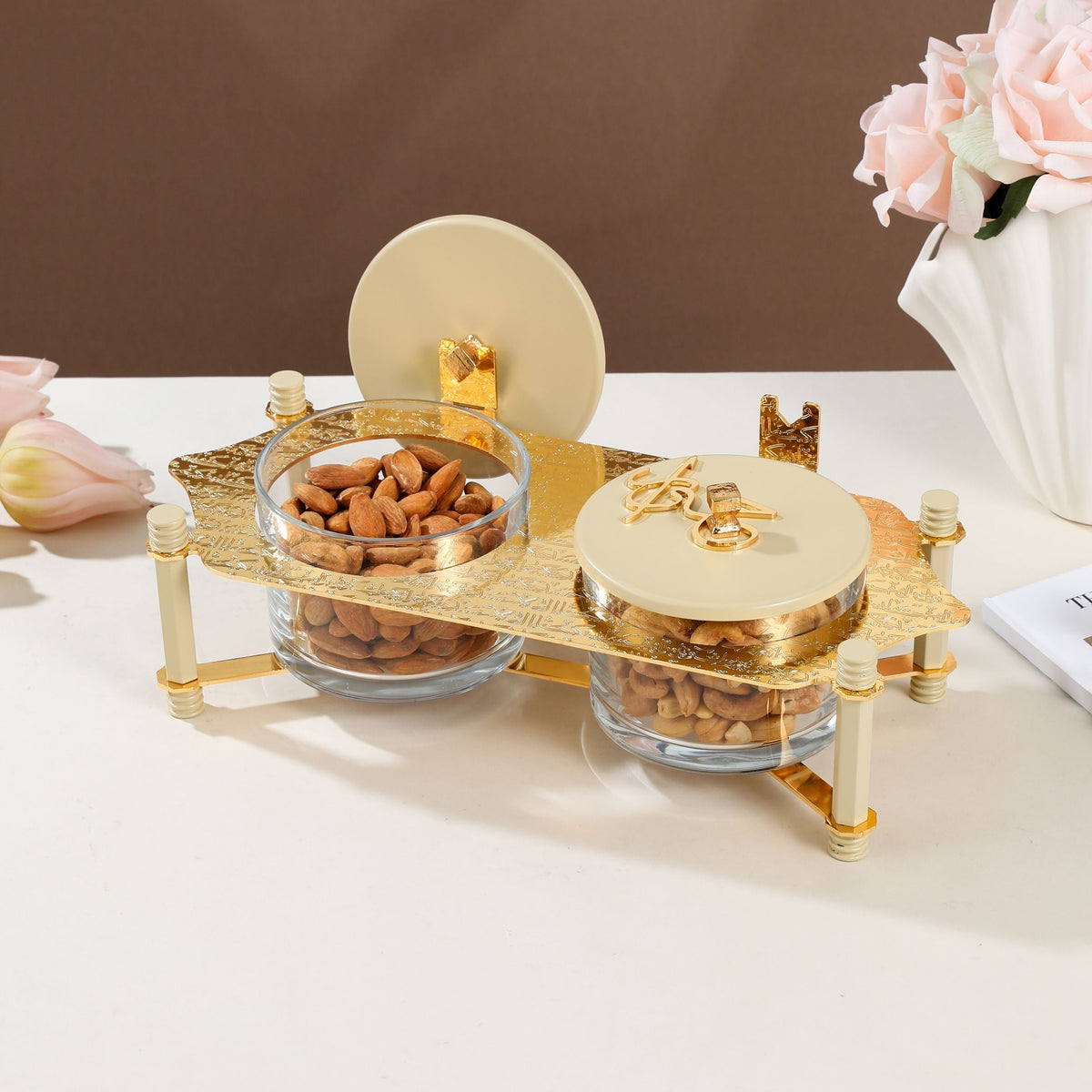 Jiwar - Dual Elegant Nut Serving Set with Engraved Base - Ivory & Gold ...