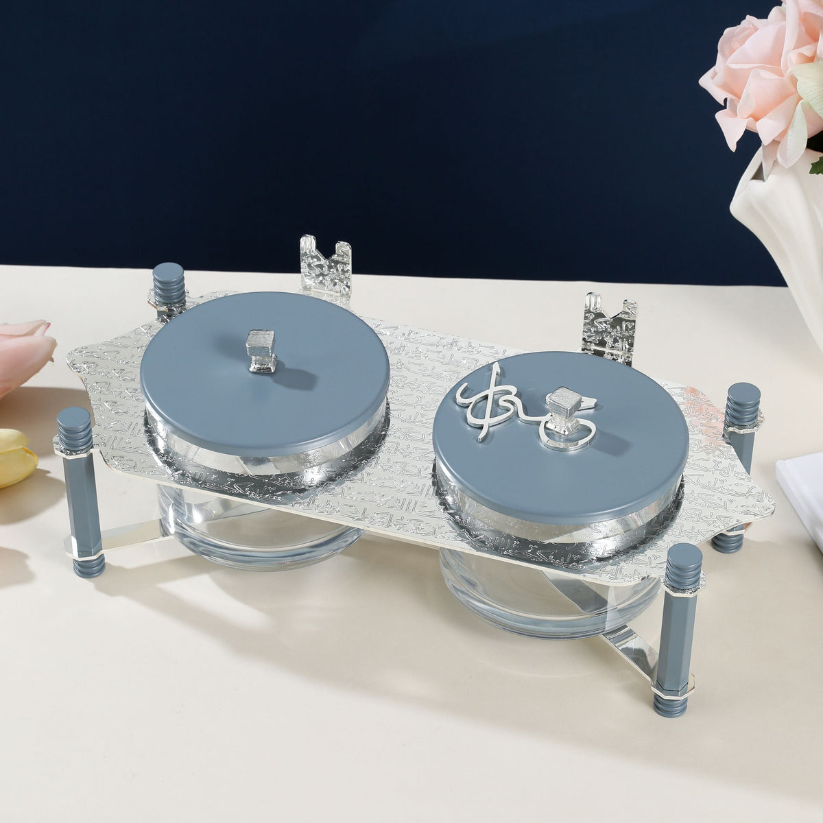 Jiwar - Dual Elegant Nut Serving Set with Engraved - Haze Blue & Silve ...