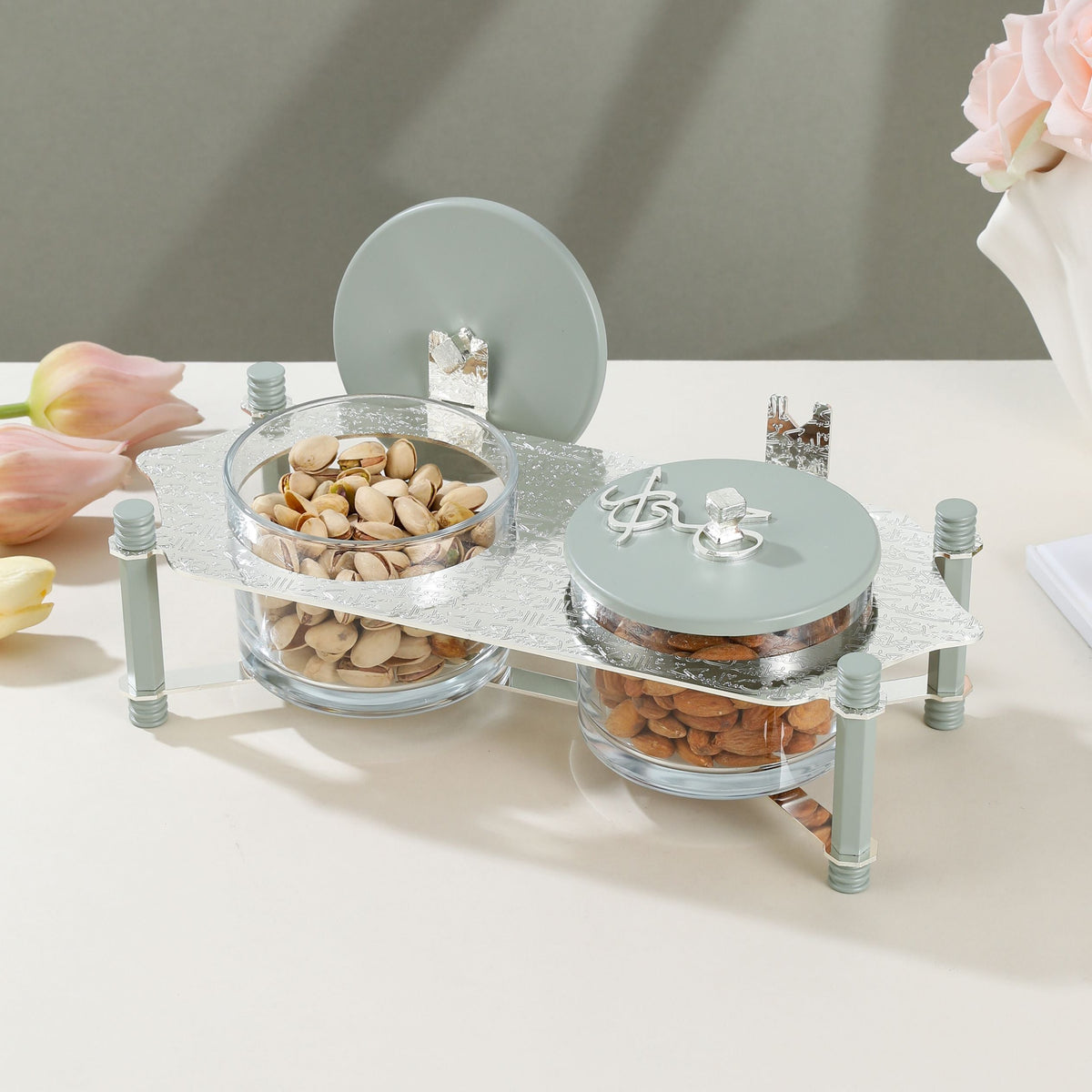 Jiwar - Dual Elegant Nut Serving Set with Engraved Base - Mint Green ...
