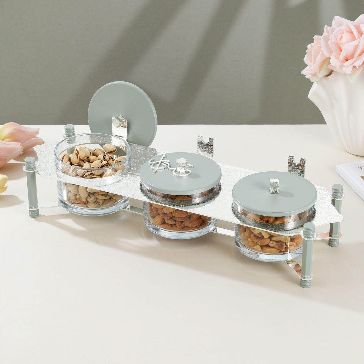 Jiwar - Triple Elegant Nut Serving Set with Engraved Base - Mint Green ...