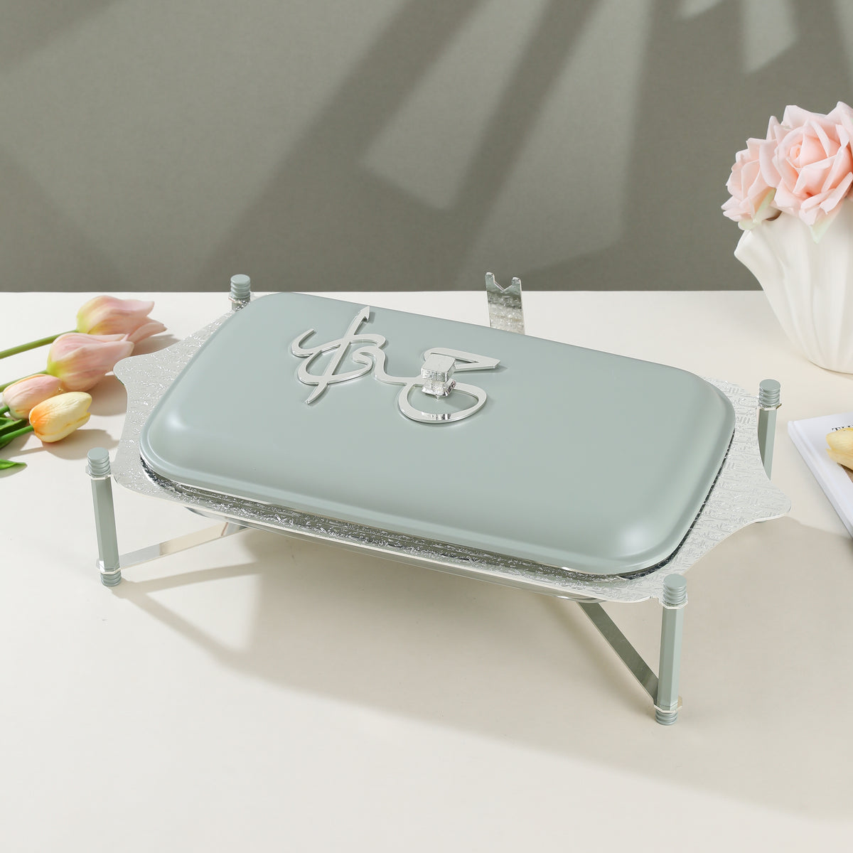 Jiwar - Large Twin Candle Pyrex Chafer -Mint Green & Silver – Otantik Home